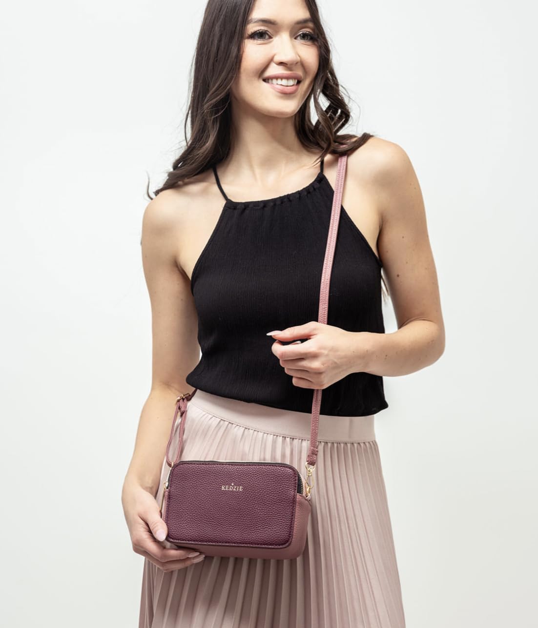 KEDZIE Color Pop Modernist Vegan Leather Crossbody Shoulder Compact Camera Shape Bag For Women With Adjustable Strap - Gray