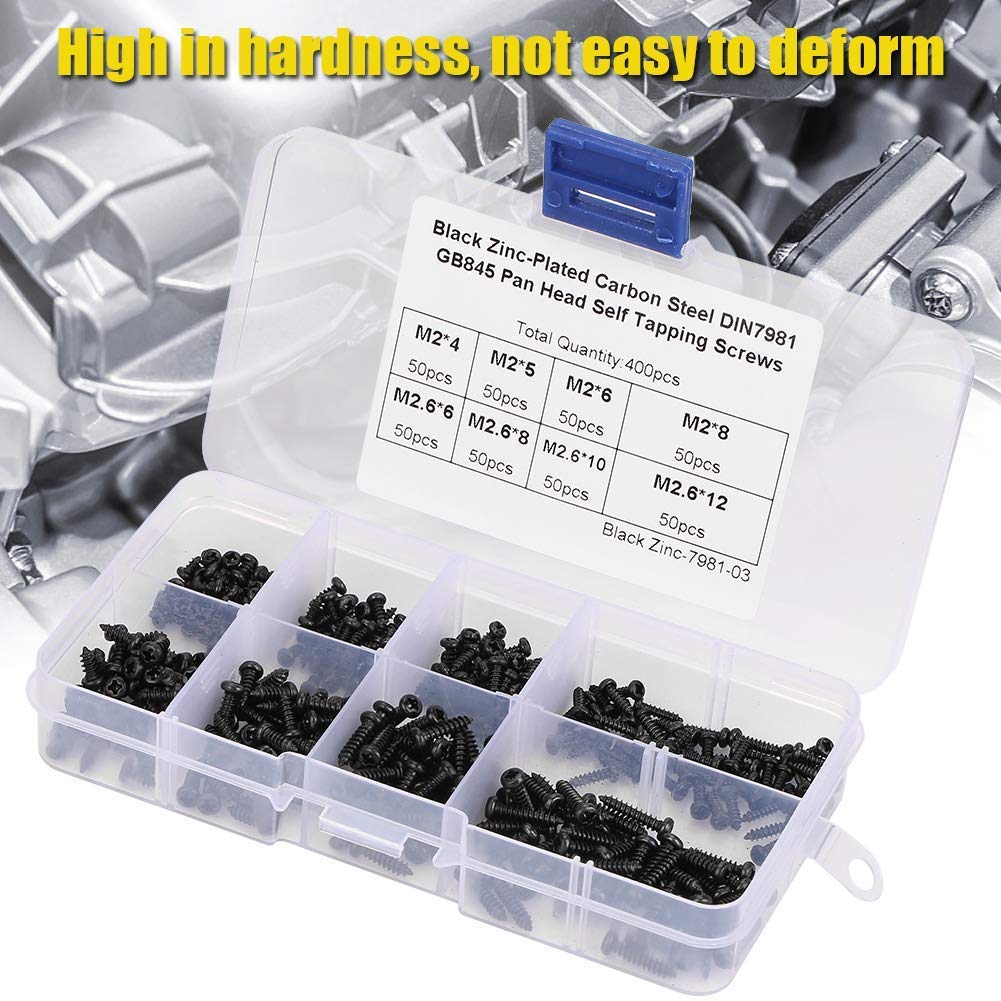 Black Self Tapping Screws,400Pcs Stainless Steel/Micro/Tiny/Mini Self-Tapping Screws, M2/M2.6 Phillips Pan Head Screws Kit for Laptop Computer Repair,Cross Recessed Wood Screws.