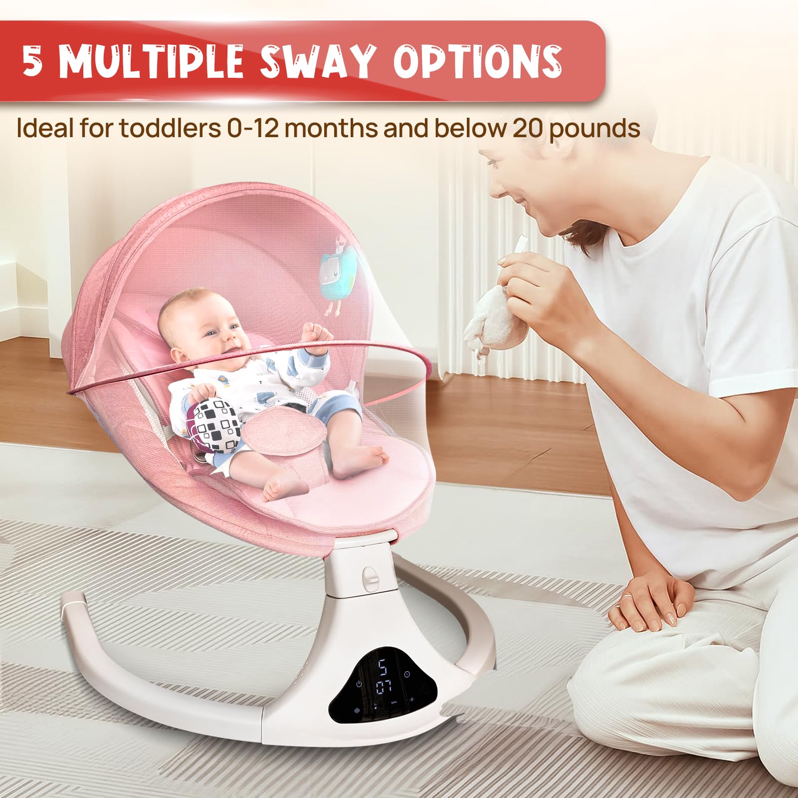 Baby Swing for Infants,Electric Portable Swing for Baby Boy Girl,Remote Control Indoor Baby Rocker with 5 Sway Speeds,3 Timer Settings,12 Music and Bluetooth.(Pink)