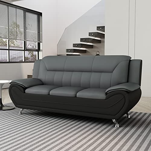 Container Furniture Direct Modern Style Faux Leather Sofa with Extra Comfortable Pillow Top Armrests Ideal for Living Room, Bedroom or Home Office Couch, 79.2ββ Wide, Grey/Black