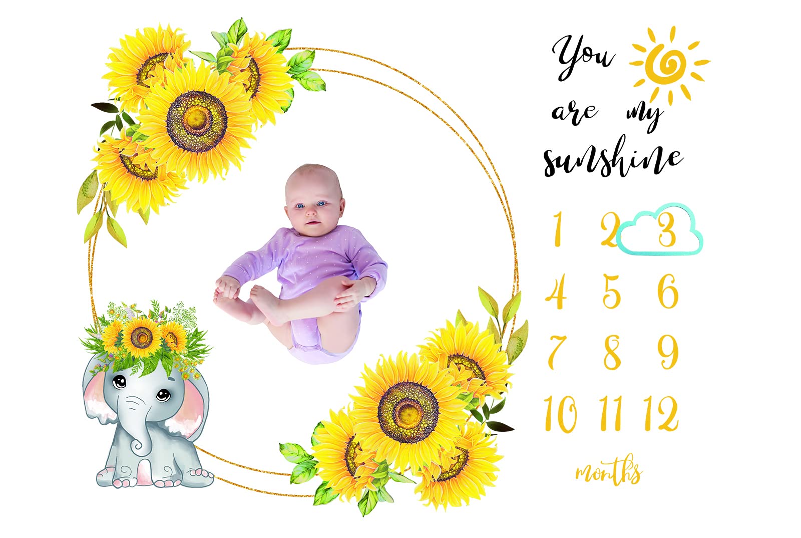 Elephant Milestone Blanket for Baby Girls Boys Soft Sunflower Photography Background Prop Monthly Milestone Trackers Growth Chart Blanket 60" x 40", Nursery Decor