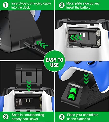 Controller Charger Station for Xbox Series X|S/Xbox One/X/S/Elite/Core, Dual Xbox 1 Charging Dock Station for Xbox One Controller Battery Pack with 2x1800mAh Rechargeable Battery & 4 Battery Cover Kit