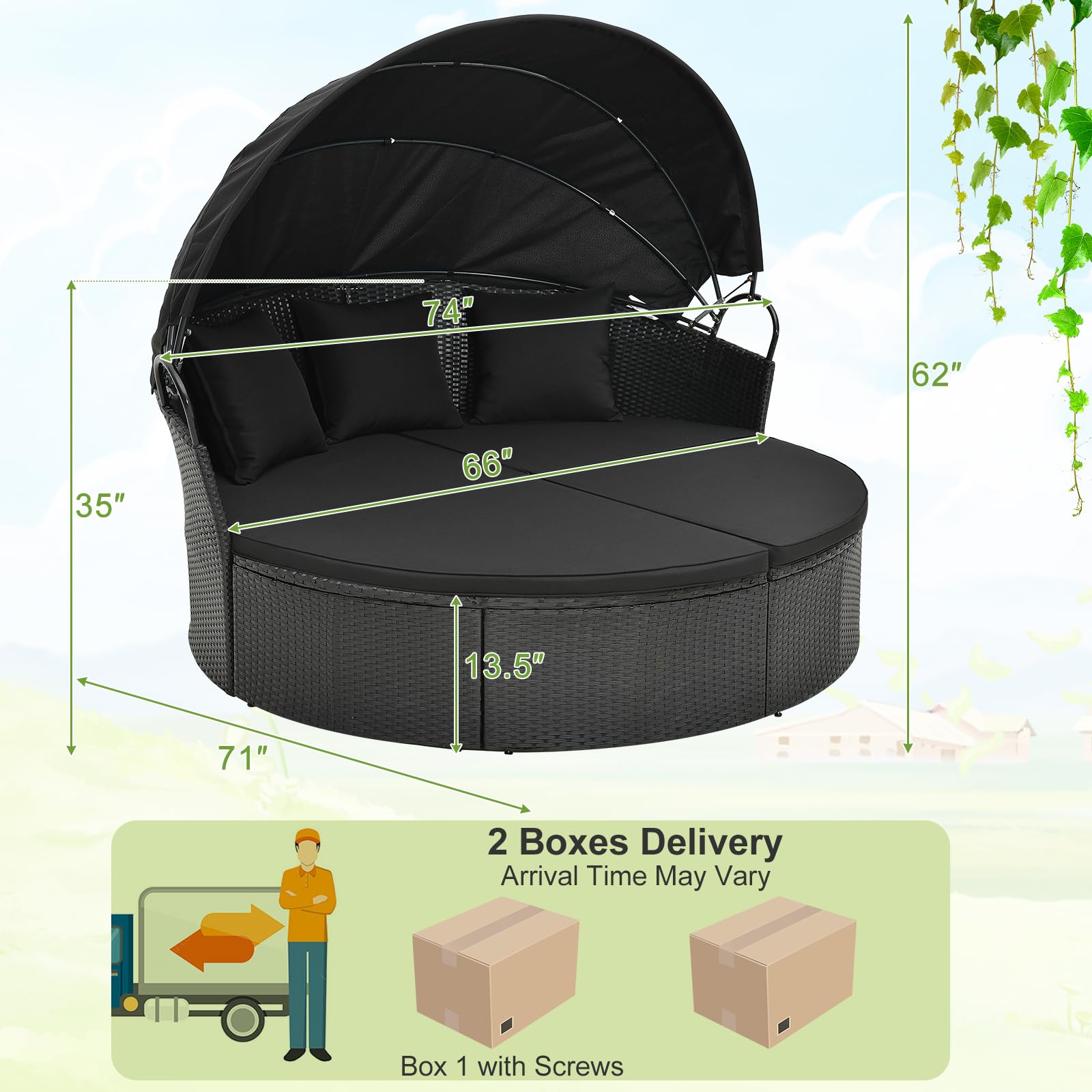 Tangkula Outdoor Patio Round Daybed with Retractable Canopy, Black Rattan Wicker Furniture Sectional Seating with Cushions and Throw Pillows, Seating Separates Cushioned Seats for Backyard (Black)