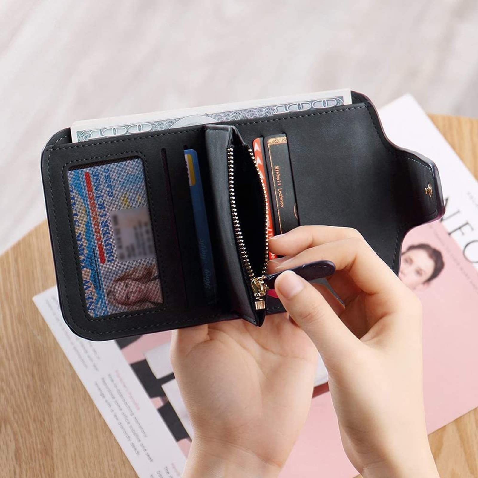 KELEEL Small Wallet for Women RFID Blocking Genuine Leather Bifold Wallet Zipper Coin Pocket Credit Card Holder Purse with ID Window