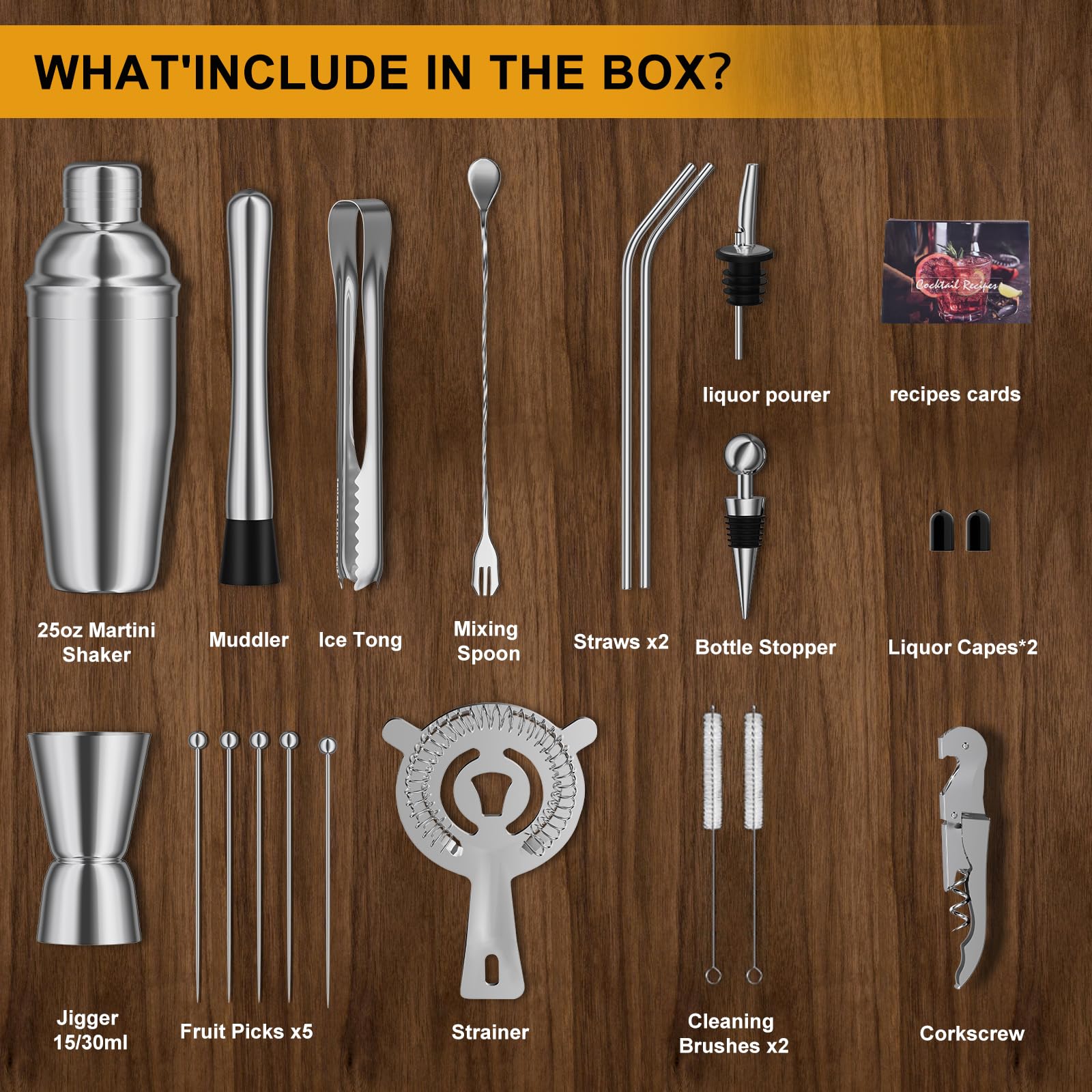 Vabaso Bartender Kit, Cocktail Shaker Set for Mixed Drink Home Bar, 25oz Professional 18/8 Stainless Steel Bar Tool Set with Cocktail Recipes Booklet, Father's Day Christmas White Elephant Gift Men