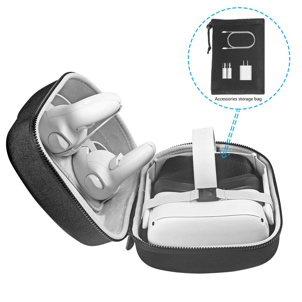 MASiKEN Hard Case for VR Oculus Quest 2 Headset Controllers Carrying Case, Waterproof Portable Quest Case for Travel and Home Storage Official Elite Strap Accessories (Black+White)