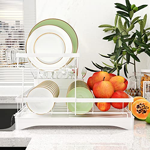 Dish Drying Rack for Kitchen Counter, 2-Tier Dish Racks with Drainboard, Large Capacity Dish Drainer Organizer Shelf with Utensil Holder, Wine Glass Holder(White)