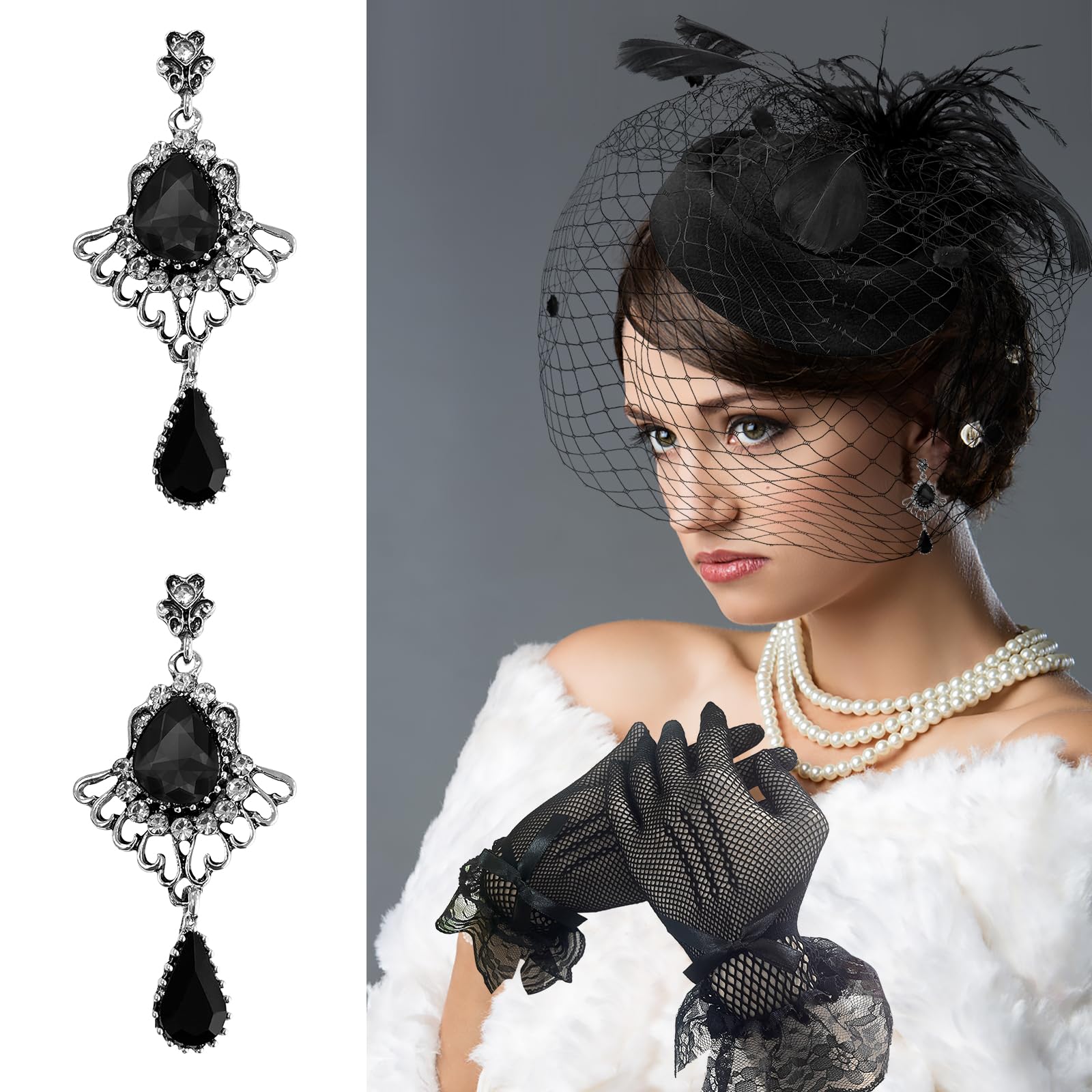 Black Vintage Feather Fascinators Hats Pillbox Hat Set 20s 50s Top Hat Lace Gloves Pearl Jewelry Set for Women Halloween Cocktail Tea Party Wedding