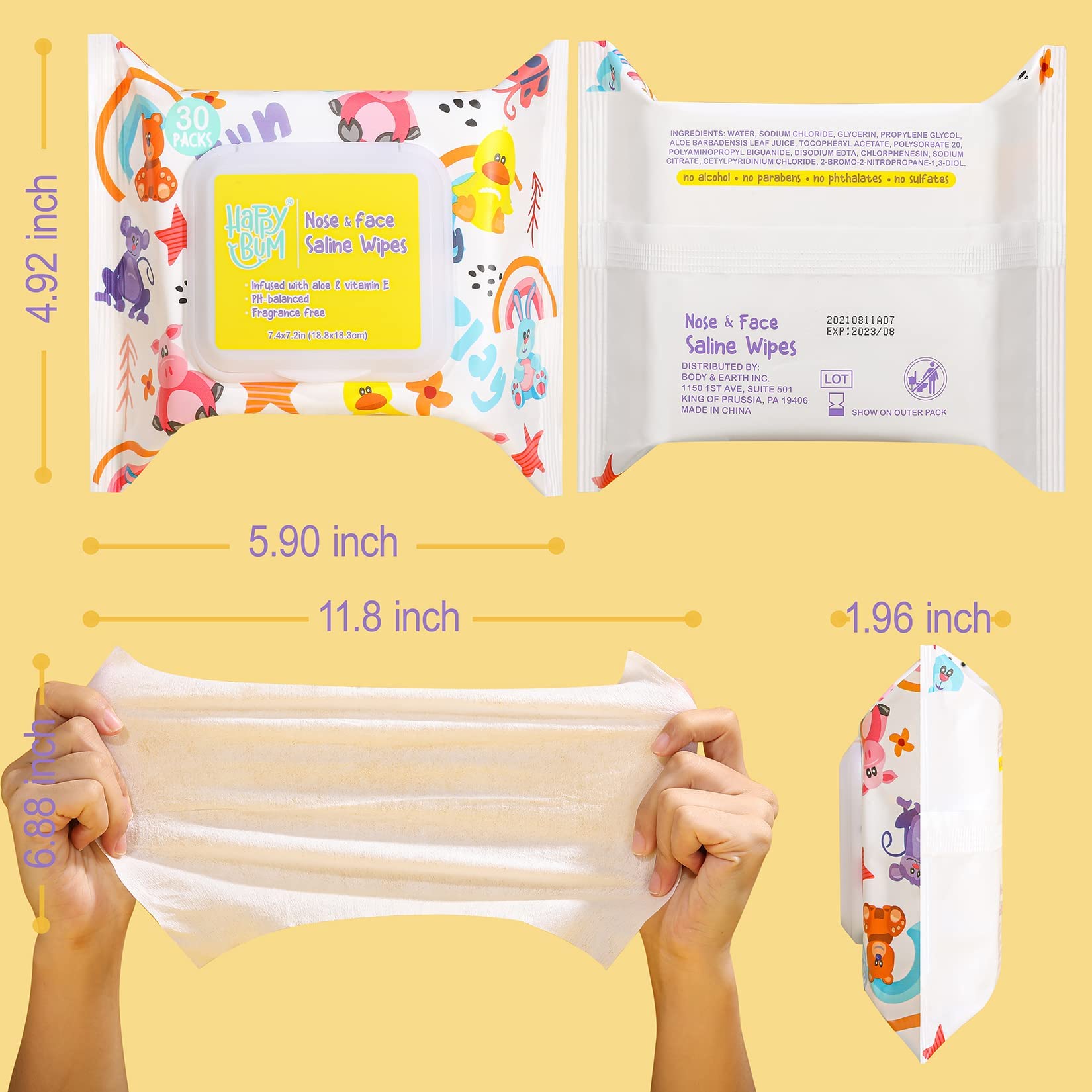 Baby Wipes - HAPPY BUM Saline Baby Wipes, Hypoallergenic, Unscented, 180 Count