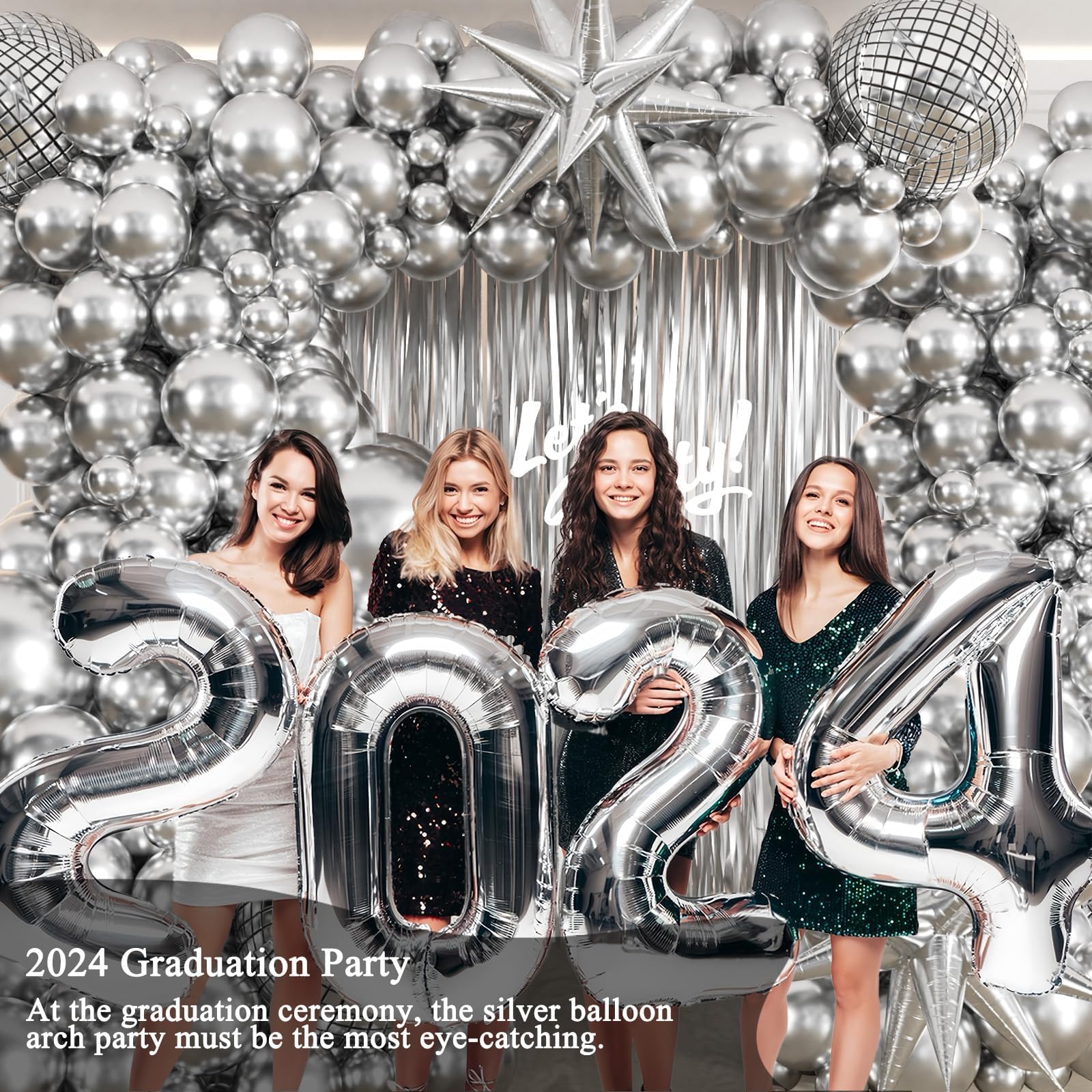 Disco Balloon Arch Garland Kit, Metallic Silver Balloon Arch with Disco Ball Balloons Silver Fringe Disco Ball Backdrop for Birthday Graduation Prom 2024 Disco Party Decorations