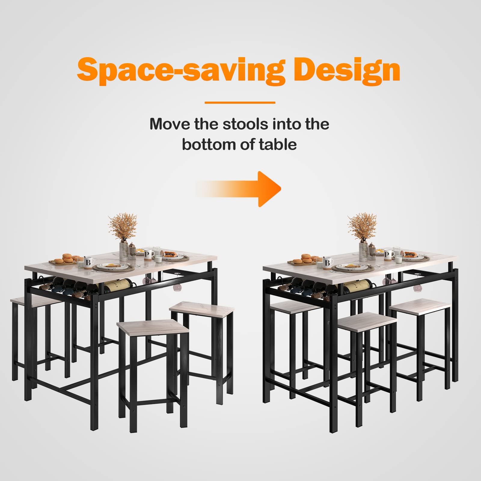 basenji Dining Table Set for 4, 5 Piece Kitchen Table and Chairs with Wine Rack and Glass Holder, Bar Table and Chairs Set Space Saving for Pub Breakfast (Oak Wine Rack)