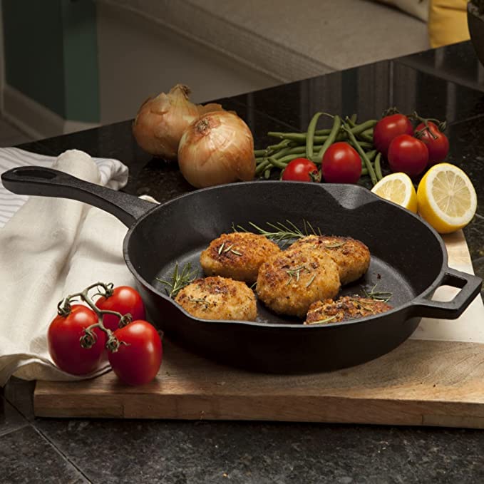 Bayou Classic 7434 14-in Cast Iron Skillet Features Helper Handle and Pour Spouts Perfect For Searing Braising Frying and Baking Pies and Cobblers