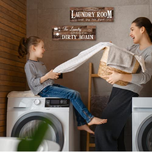 Creoate Laundry Room Decor, 2 Pieces Laundry Sign Wall Decor Funny Laundry Room Rules Decor Rustic Family White Wood Sign Hanging Plaque for Laundry Bathroom Wall Decor (Brown)