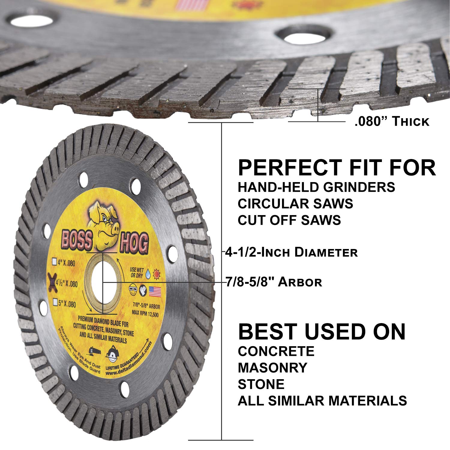 Delta Diamond Boss Hog 4 1/2 Inch Turbo Premium Diamond Blade for Masonry, Brick, Block, Pavers, Concrete, Stone, Wet/Dry Cutting, Continuous Rim (4.5")