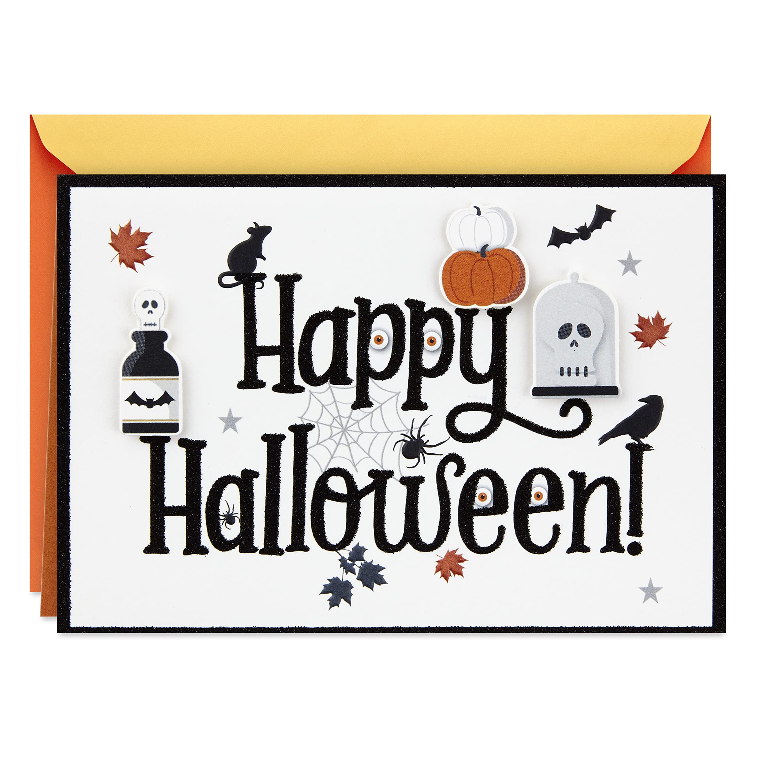 Hallmark Black and White Happy Halloween Card (Spell of Fun) Skull, Pumpkins, Bats, Spider Webs, Leaves