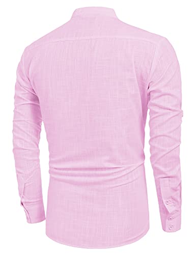 COOFANDY Men's Cotton Linen Henley Shirt Long Sleeve Hippie Casual Beach T Shirts Pink