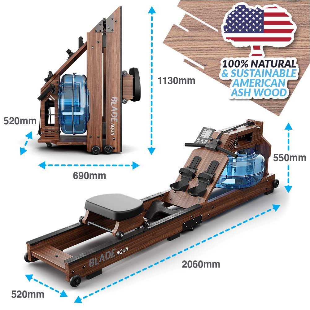 Bluefin Fitness Blade Aqua W-1 | Water Resistance Powered Rowing Machine | 100% Sustainable American Ashwood | Foldable Home Gym Equipment | LCD Console | Kinomap App Integration