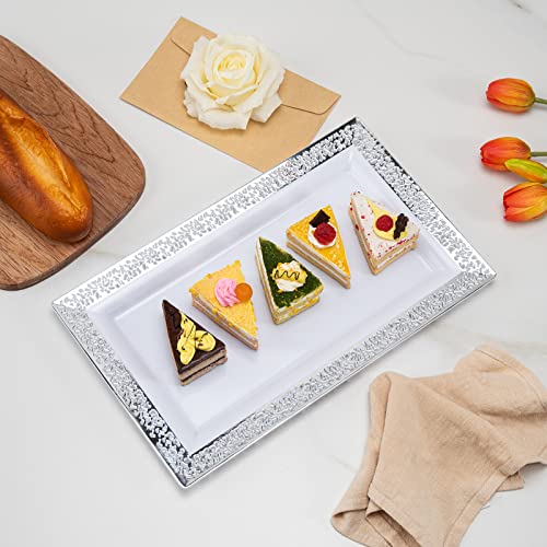 BBG 12Pcs Plastic Silver Serving Trays and Platters Set, 13.77 * 8.46β White with Silver Lace Design, Rectangular Plastic Food Platters, Disposable Serving Tray for Party Weddings Reception Buffet