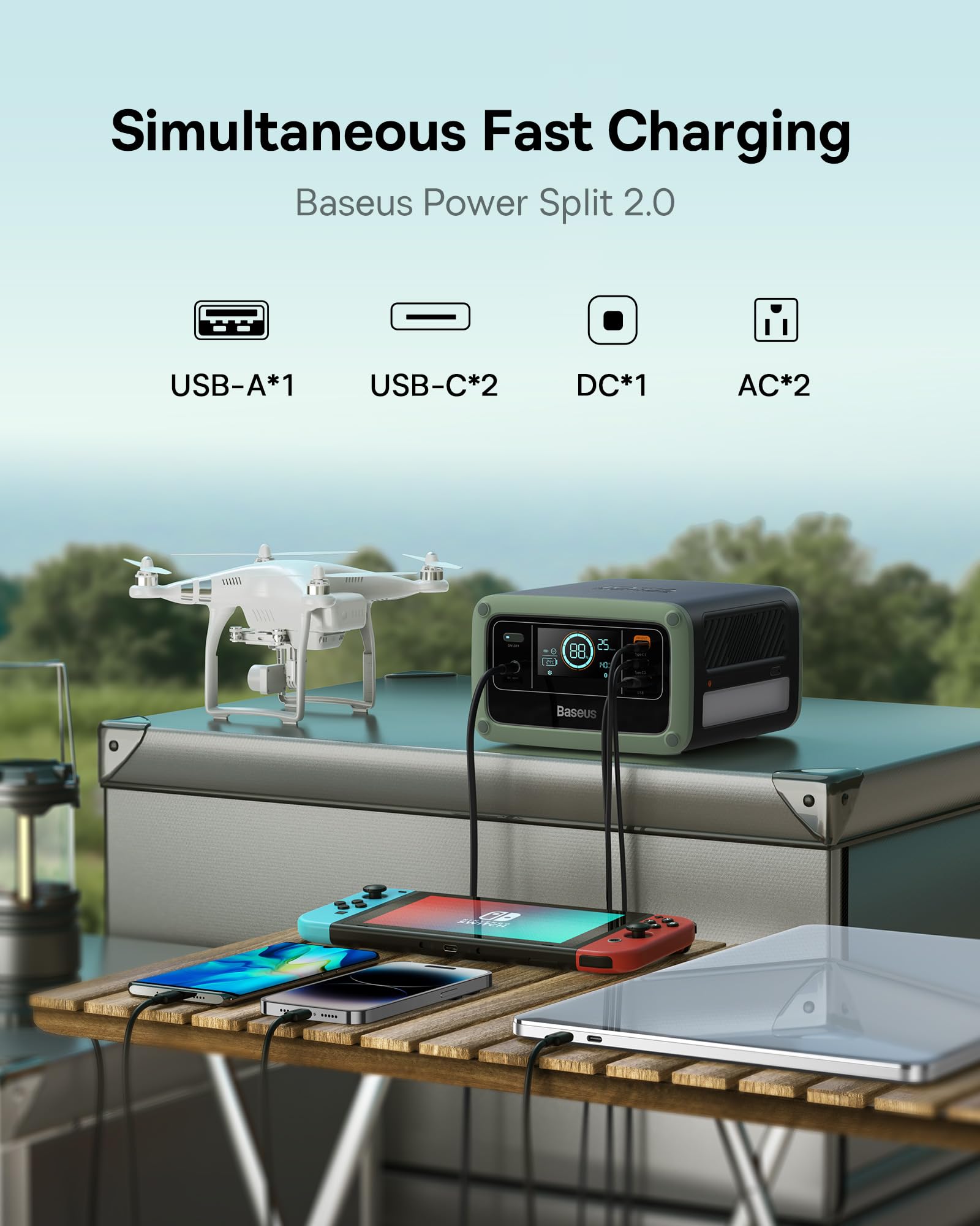 Baseus Laptop Power Bank 140W - 48,000mAh 6-Port Portable Power Station with 2 AC Outlets, Smart Digital Display, LED Light, LiFePO4 Backup Battery Pack for MacBook, Dell, Travel, Outdoor Camping