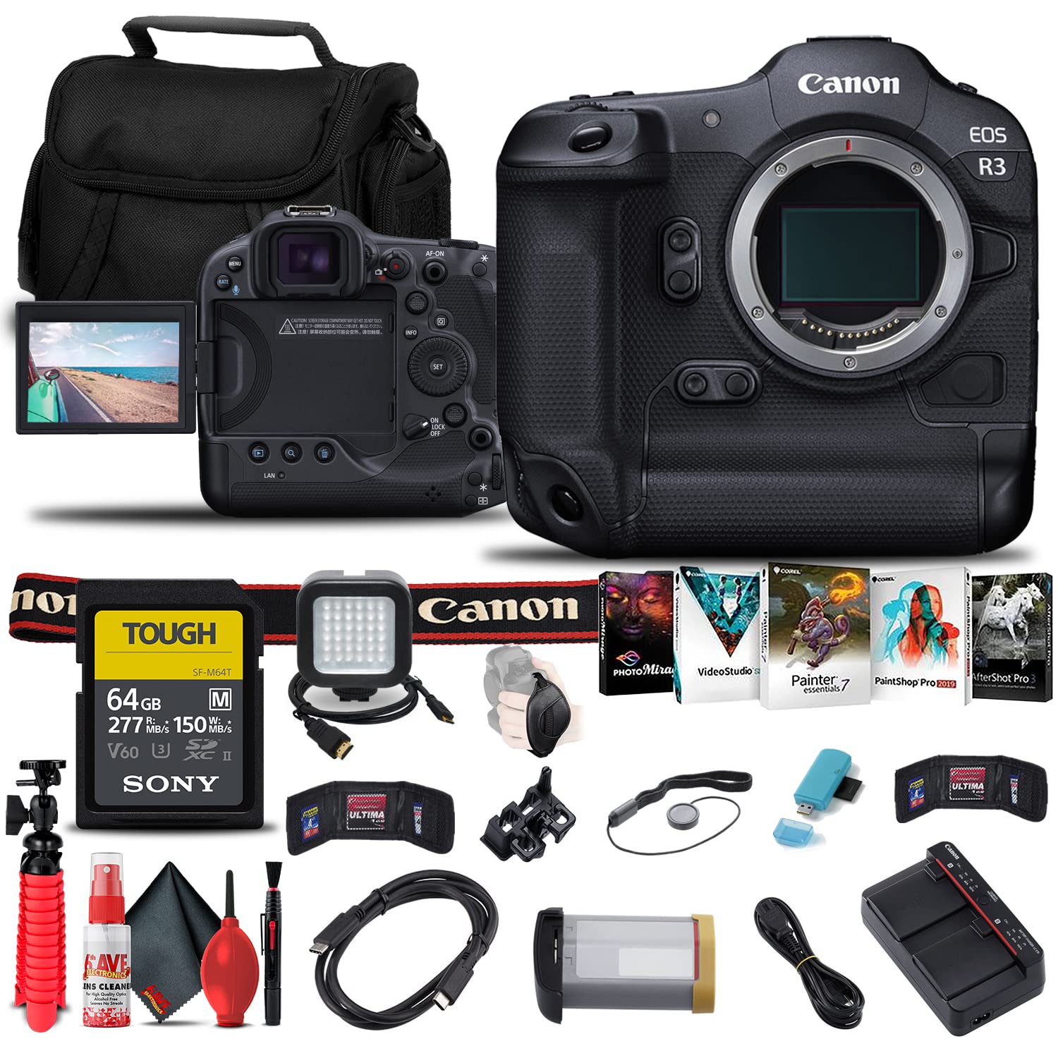 Canon EOS R3 Mirrorless Camera (4895C002) + Sony 64GB Tough SD Card + Card Reader + LED Light + Corel Photo Software + HDMI Cable + Case + Flex Tripod + Hand Strap + Cap Keeper + More (Renewed)