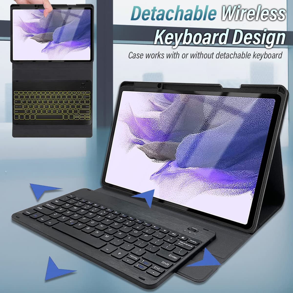 Backlit Keyboard Case for Samsung Galaxy Tab S8 Plus 2022/S7 FE 2021/S7 Plus 2020 12.4 inch with S Pen Holder, Wineecy 7 Colors Backlight Detachable Wireless Keyboard & PU Folio Stand Cover Case,Black