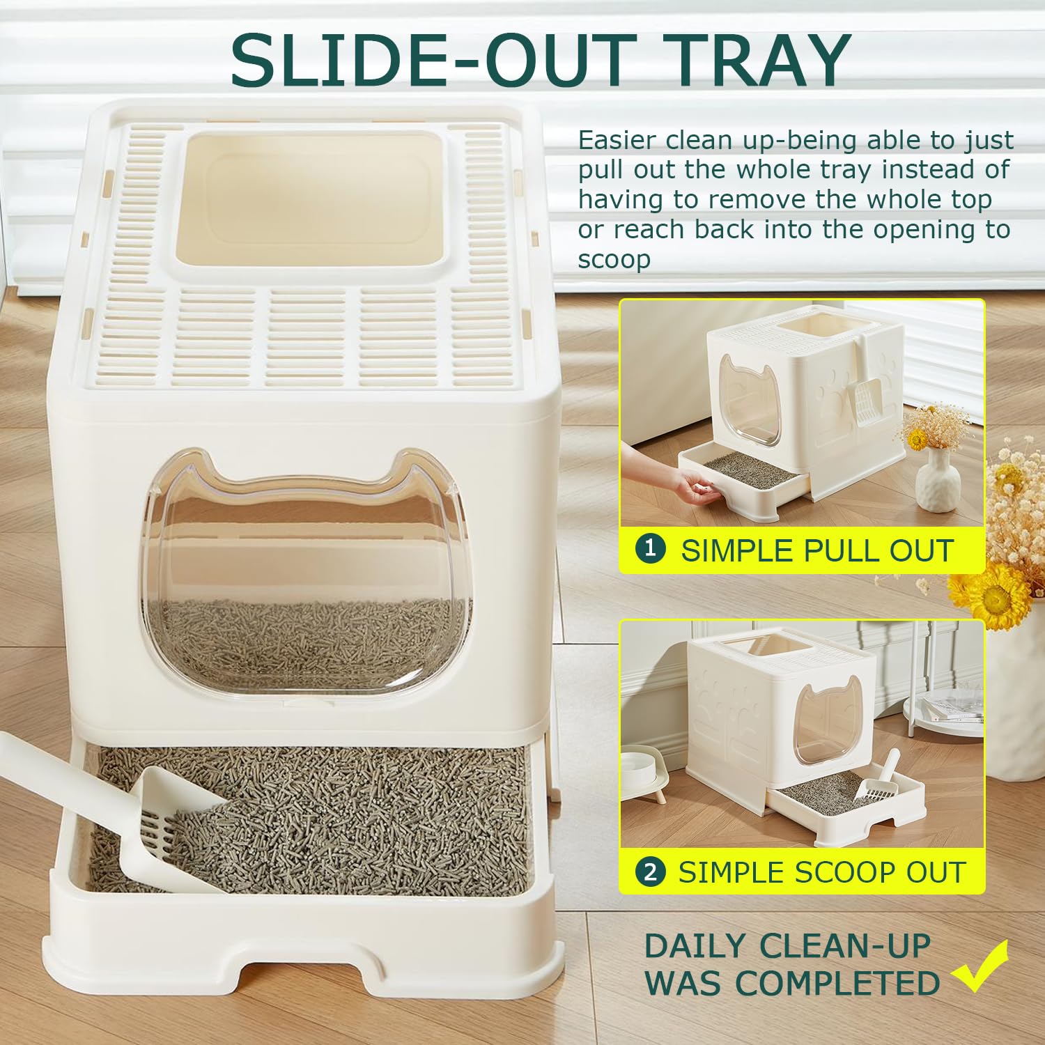 Pawsayes Cat Litter Box with Lid, Covered Top Entry Kitten Litter Pan for Small and Medium Cats, Anti-Splashing Kitty Potty with Slide-Out Litter Tray
