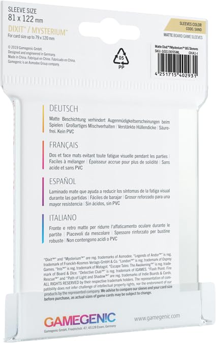 Matte Board Game Sleeves | Pack of 90 Matte Sleeves | 81 by 122 mm Card Sleeves Optimized for Use with Dixit and Mysterium | Premium Card Protection | FFG Sand Color Code | Made by Gamegenic