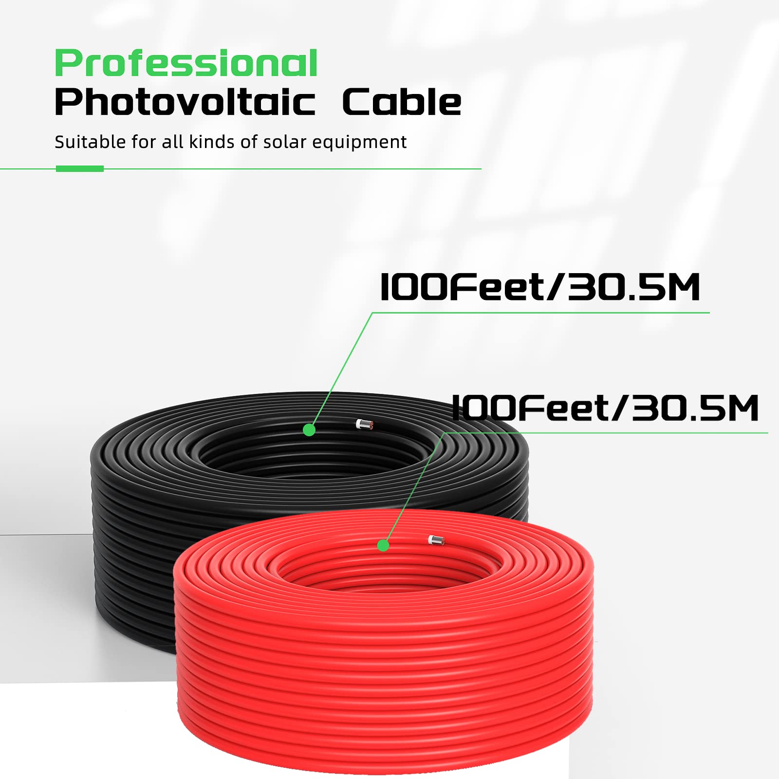 Bateria Power Solar Panel Cable 100FT Red and Black, 2Pack Solar Extension Cable, 10AWG (6mm²) Tinned Copper Wire for Outdoor Automotive RV Boat Marine Solar Panel- Black