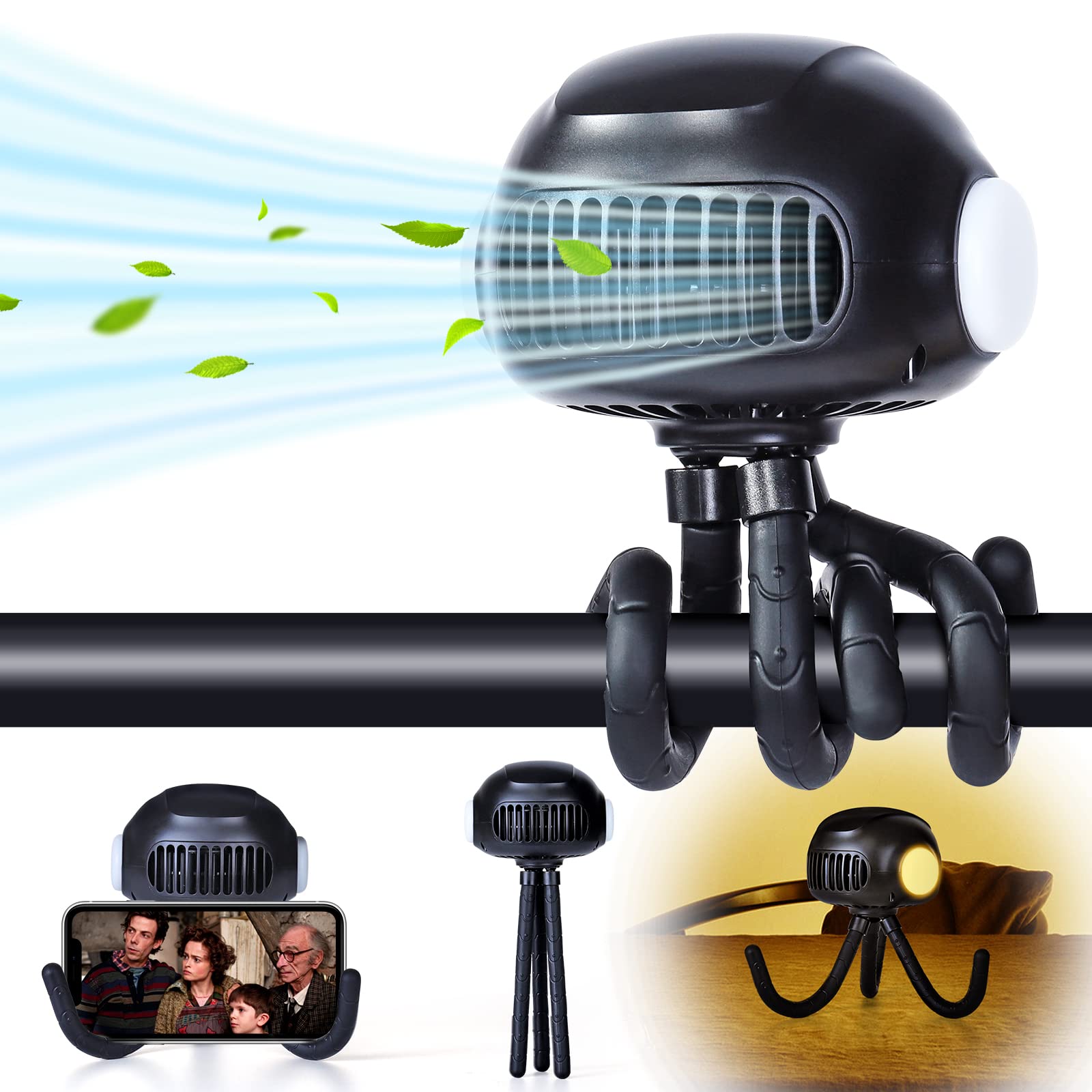 Bladeless Stroller Fan,Portable Noiseless Desk USB Fan with Night Light,Flexible Tripod,360°Rotatable,3 Speed,4000mAh,Battery Operated,Rechargeable Handheld Cooling Fan for Bed,Office,Camping (Black)