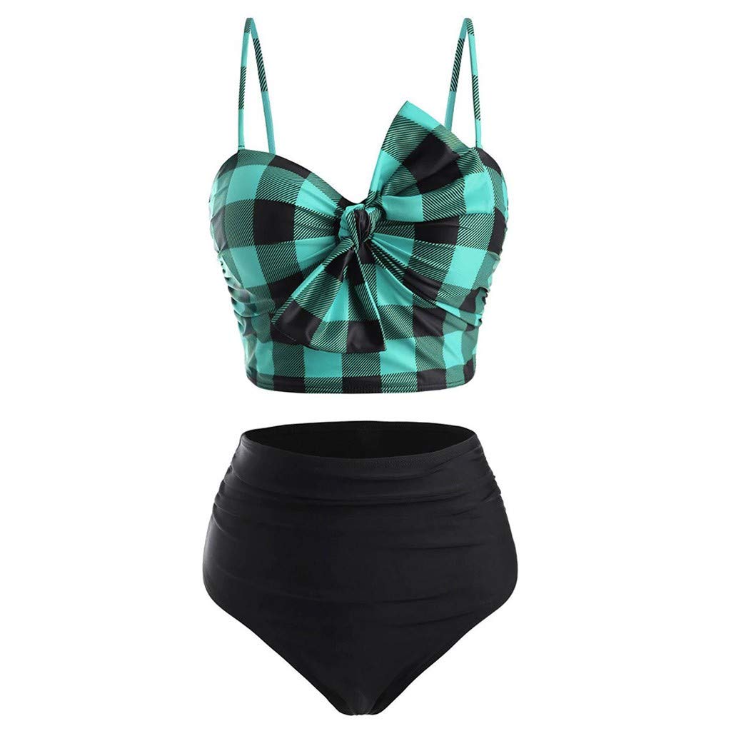 Padaleks Bikini Swimsuit for Women Padded Swimwear Two Piece Bathing Suits Set Plaid Bow Push Up Tankini Swimwear