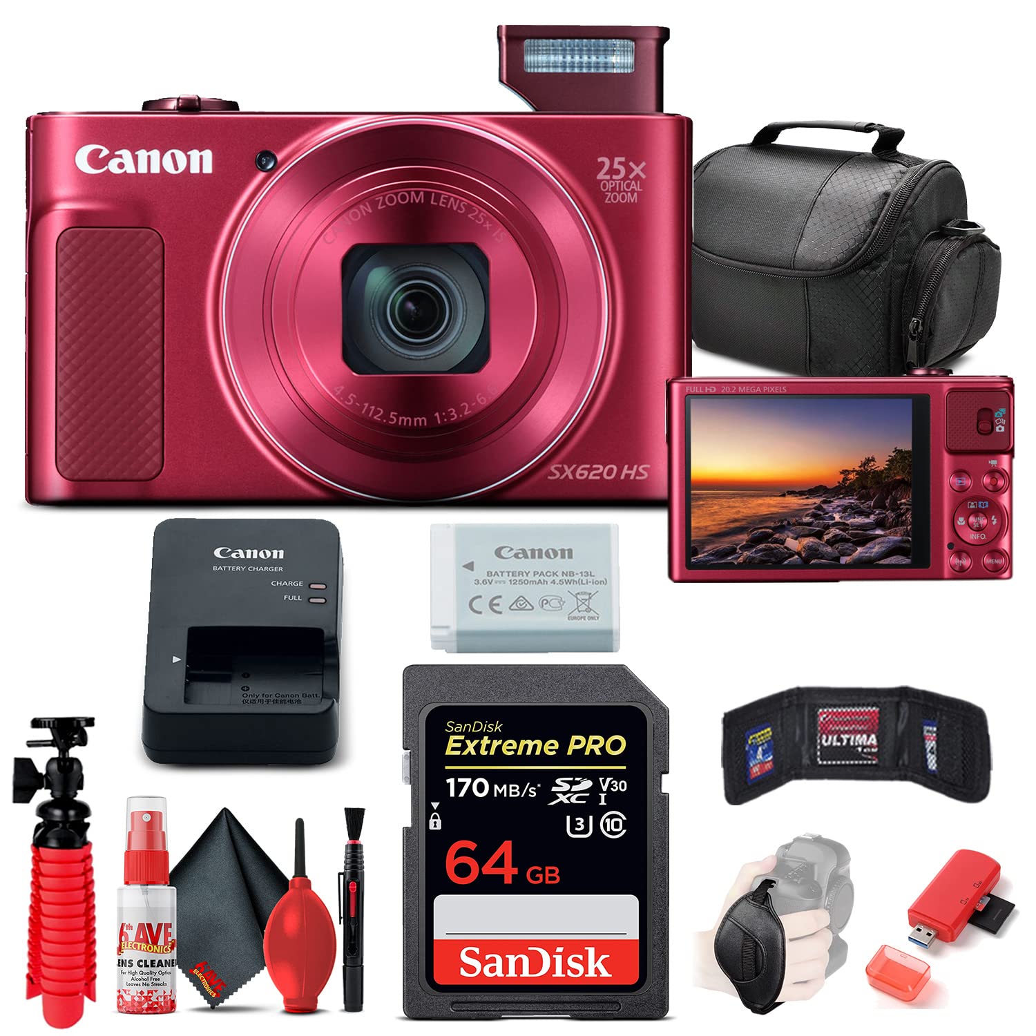Canon PowerShot SX620 HS Digital Camera (Red) (1073C001), 64GB Memory Card, Card Reader, Deluxe Soft Bag, Flex Tripod, Hand Strap, Memory Wallet, Cleaning Kit (Renewed)