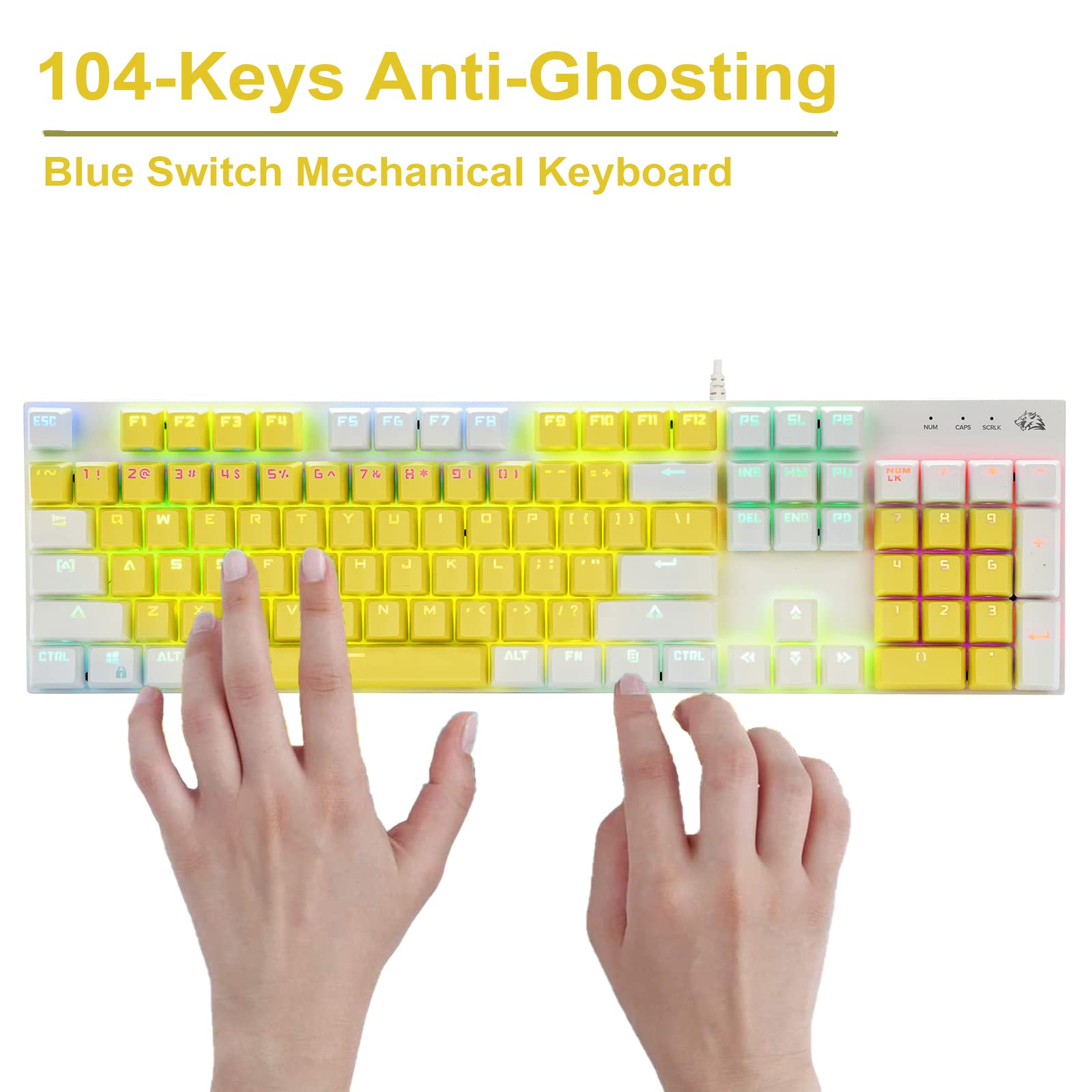Basaltech Mechanical Gaming Keyboard with Rainbow LED Backlit, 104-Key Anti-Ghosting Blue Switch Metal Panel Light Up Keyboard Ergonomic Design Wired USB for PC, Laptop, Mac (Blue-White)