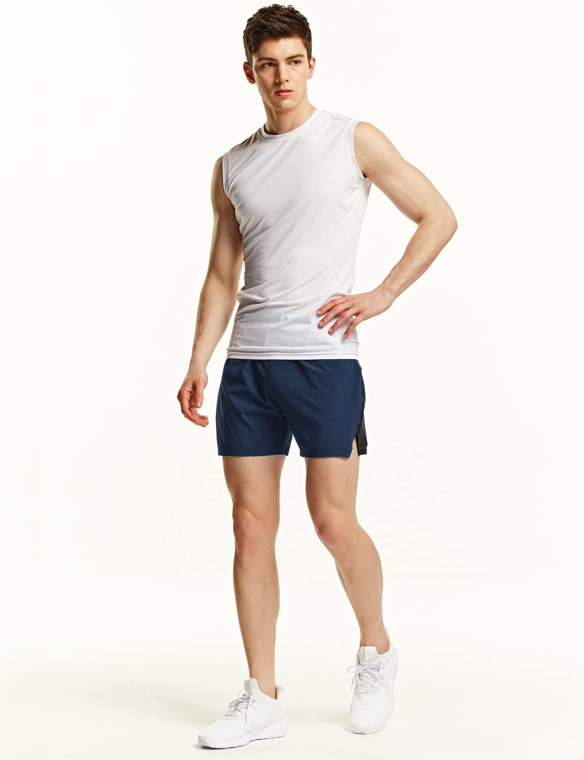 ATHLIO Men's Active Running Shorts, Exercise Workout Shorts, Quick Dry Mesh Sports Athletic Shorts with Pockets, 5 Inches Black/Navy, Large