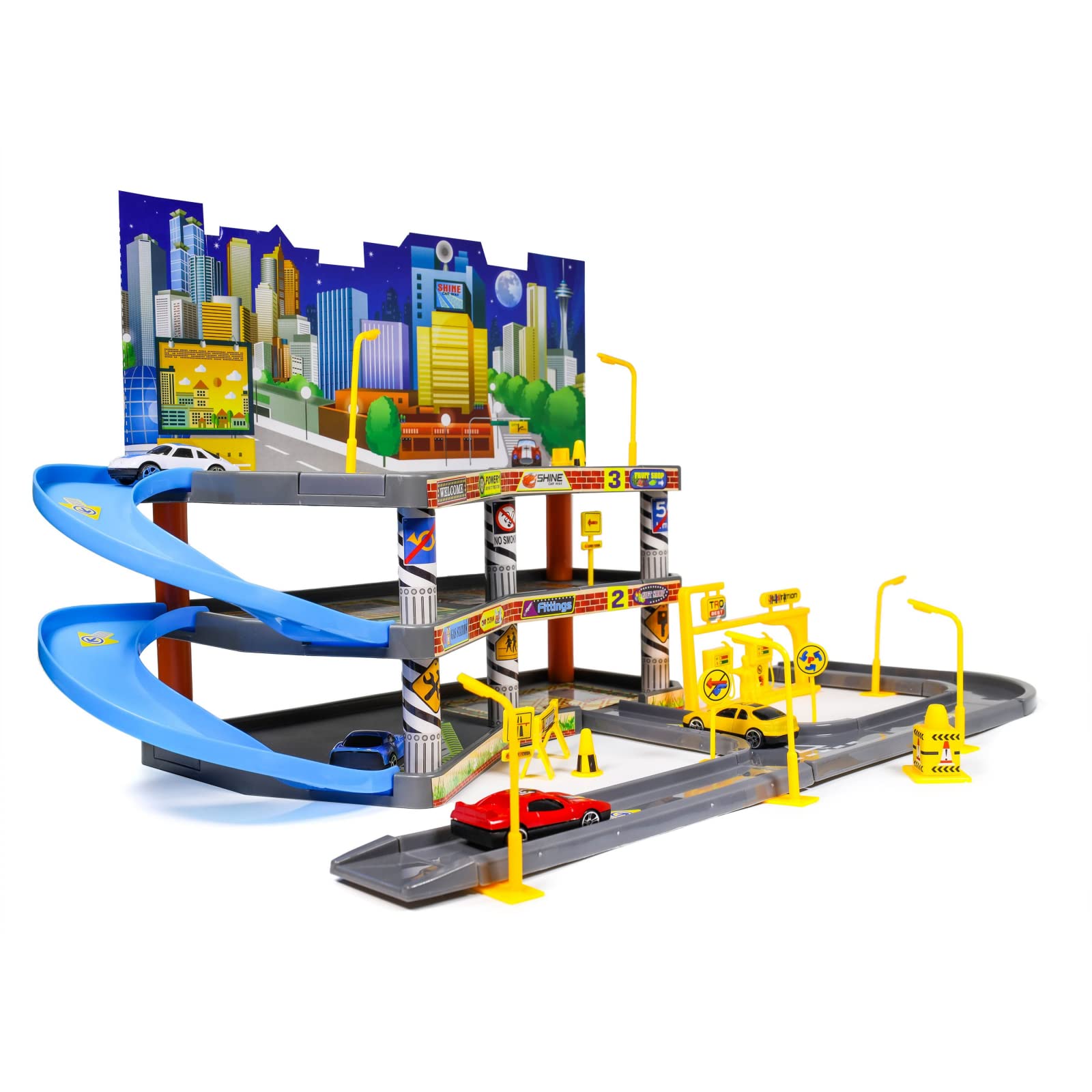 Kidplokio Ultimate Toy Car Garage Diecast Vehicle Playset with 4 Diecast Cars, Boys Ages 3+