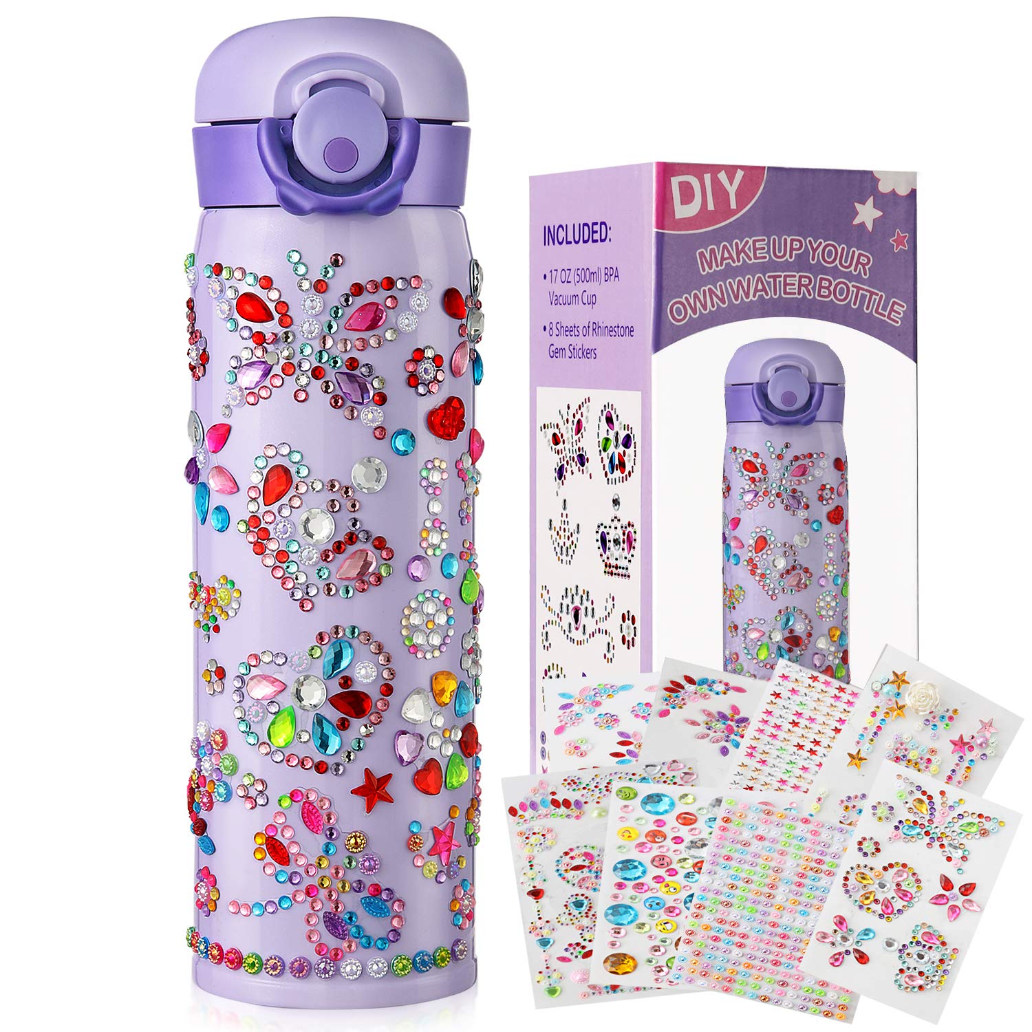 HULASO Gifts for Girls Decorate Your Own Water Bottles with Rhinestone Glitter Gem Stickers - Valentine's Day Gift Girls DIY Arts and Crafts, BPA Free Stainless Steel Vacuum Insulated Mug (17 OZ)