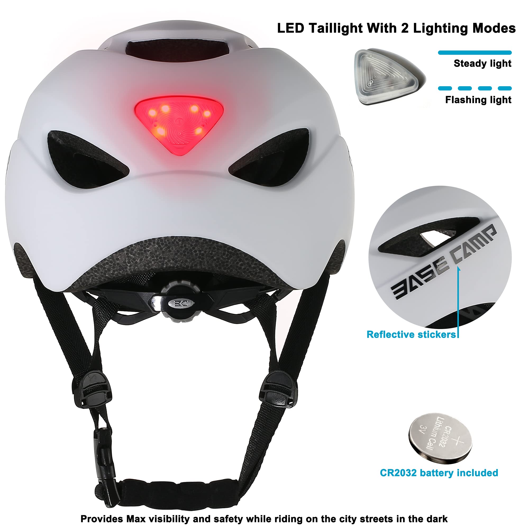 BASE CAMP Bike Helmet, Bicycle Helmet with Light for Adult Men Women Commuter Urban Scooter Adjustable M Size (White)
