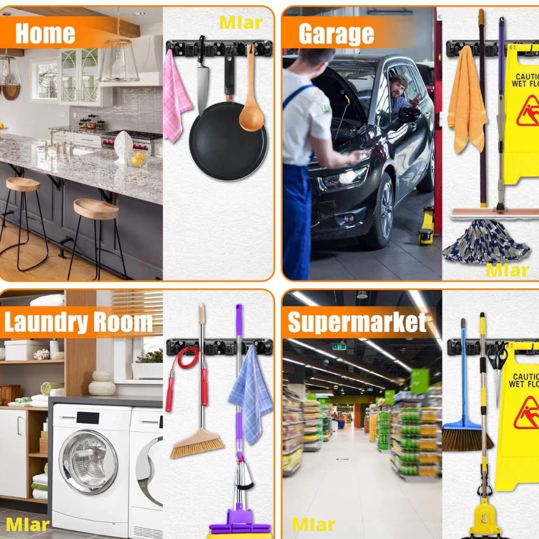 Mop and Broom Holder, Wall Mounted Organizer, Garage Storage Rack & Garden Tool Organizer, 5 Slots with 6 Hooks Kitchen, Garage and Laundry