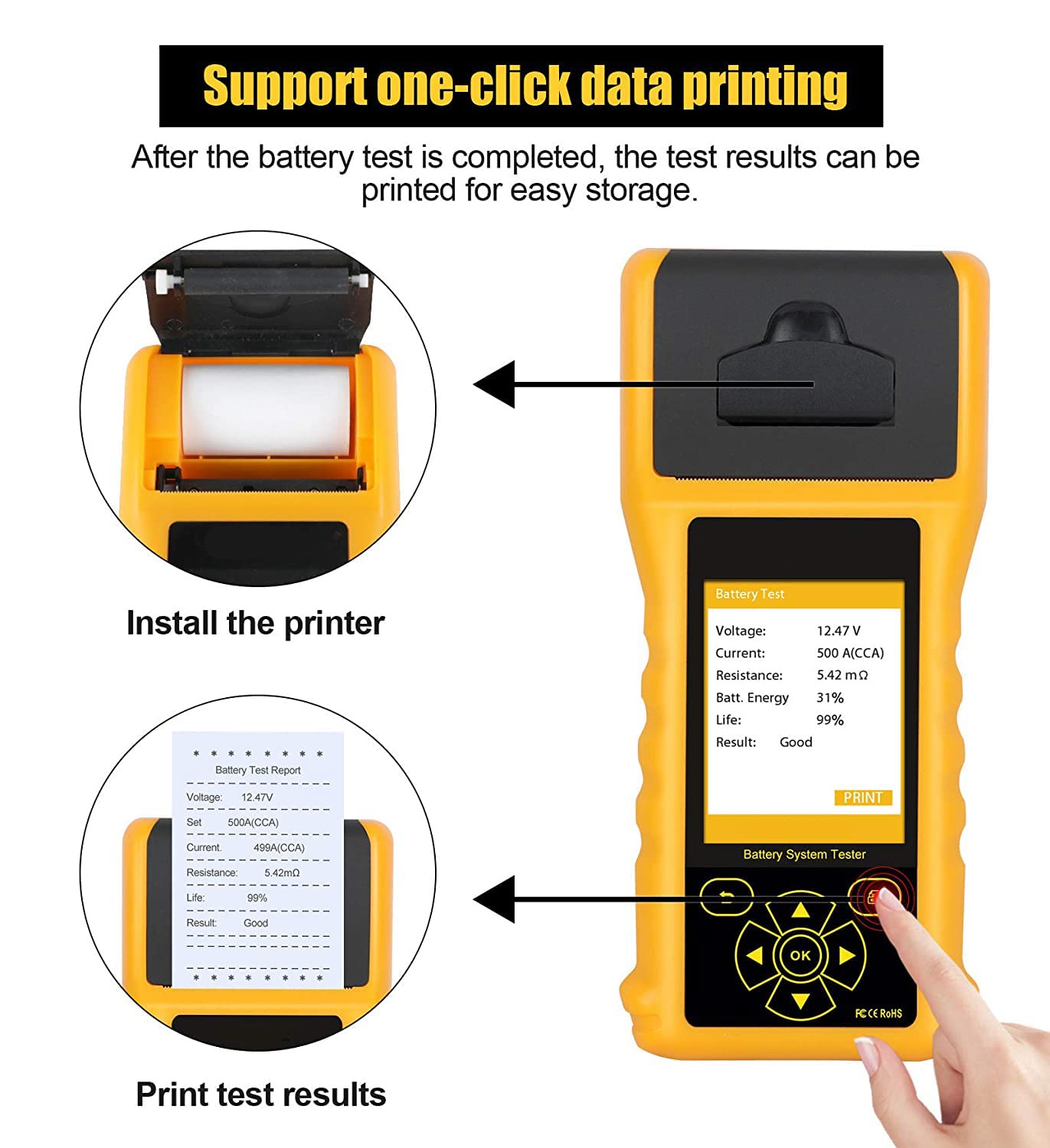 BELEY 12V/24V 30-1700 CCA Auto Battery Load Tester, Cranking and Charging System Diagnostic Tool with Built-in Thermal Printer for All Cars11