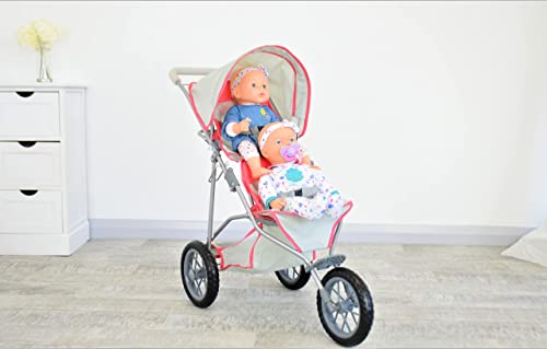KOOKAMUNGA KIDS Baby Doll Stroller Deluxe Double | Foldable Twin Jog Pram | Retractable Canopy | Premium Pink & Gray Fabric | Soft Grip Handle | Storage Basket Underneath