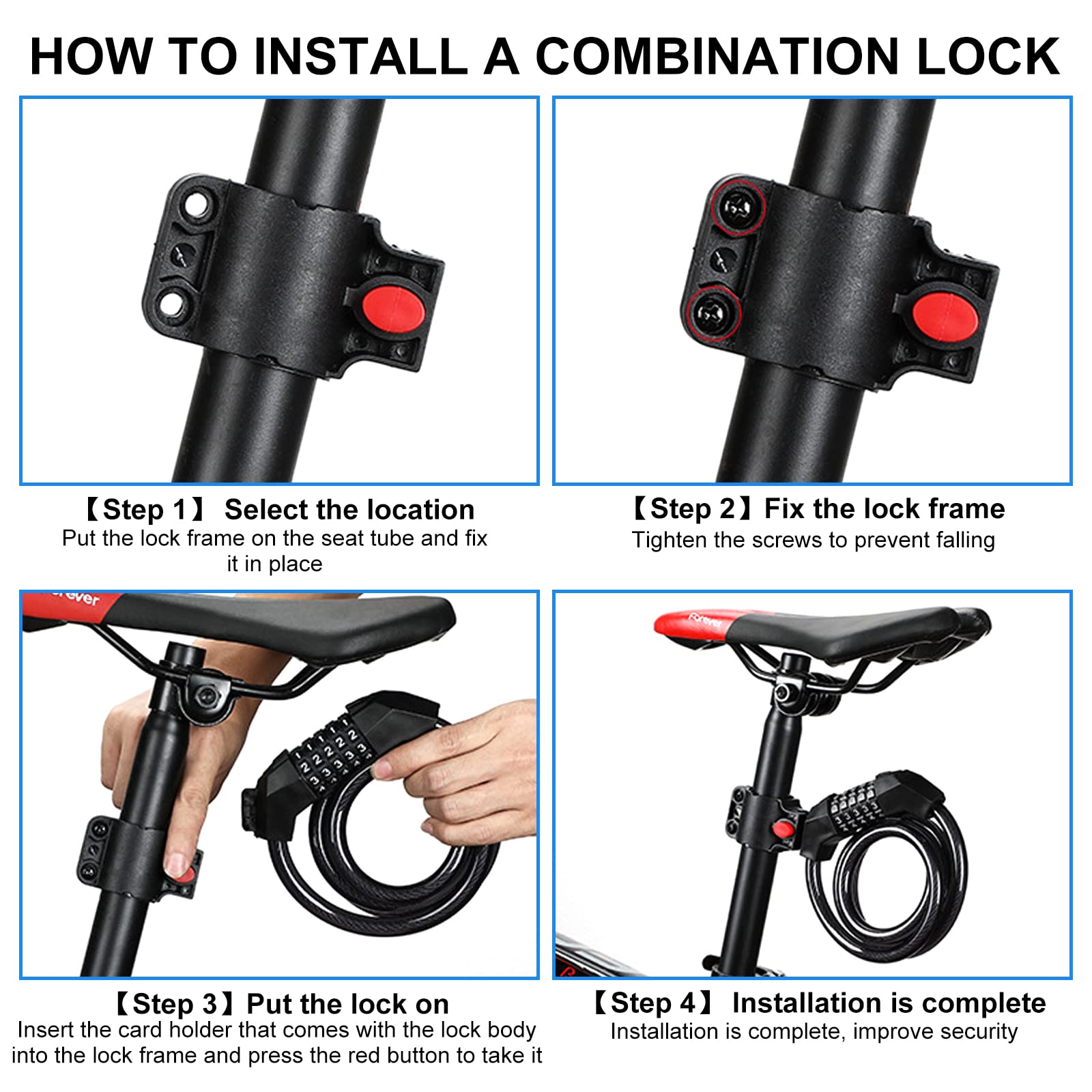 Bike Lock Cable - Strong Durable Bicycle Lock 4 Feet Portable Heavy Duty Anti Theft Cable Locks 5 Digit Combination Cable Bike Lock with Holder Easy to Use Suitable for Bicycles(Black)