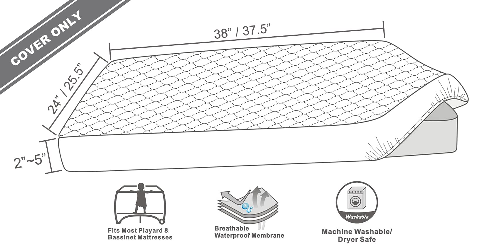 BlueSnail Waterproof Quilted Pack N Play Mattress Cover - Fits All Baby Portable Mini Cribs, Play Yards and Foldable Mattresses (2 Pack, White)