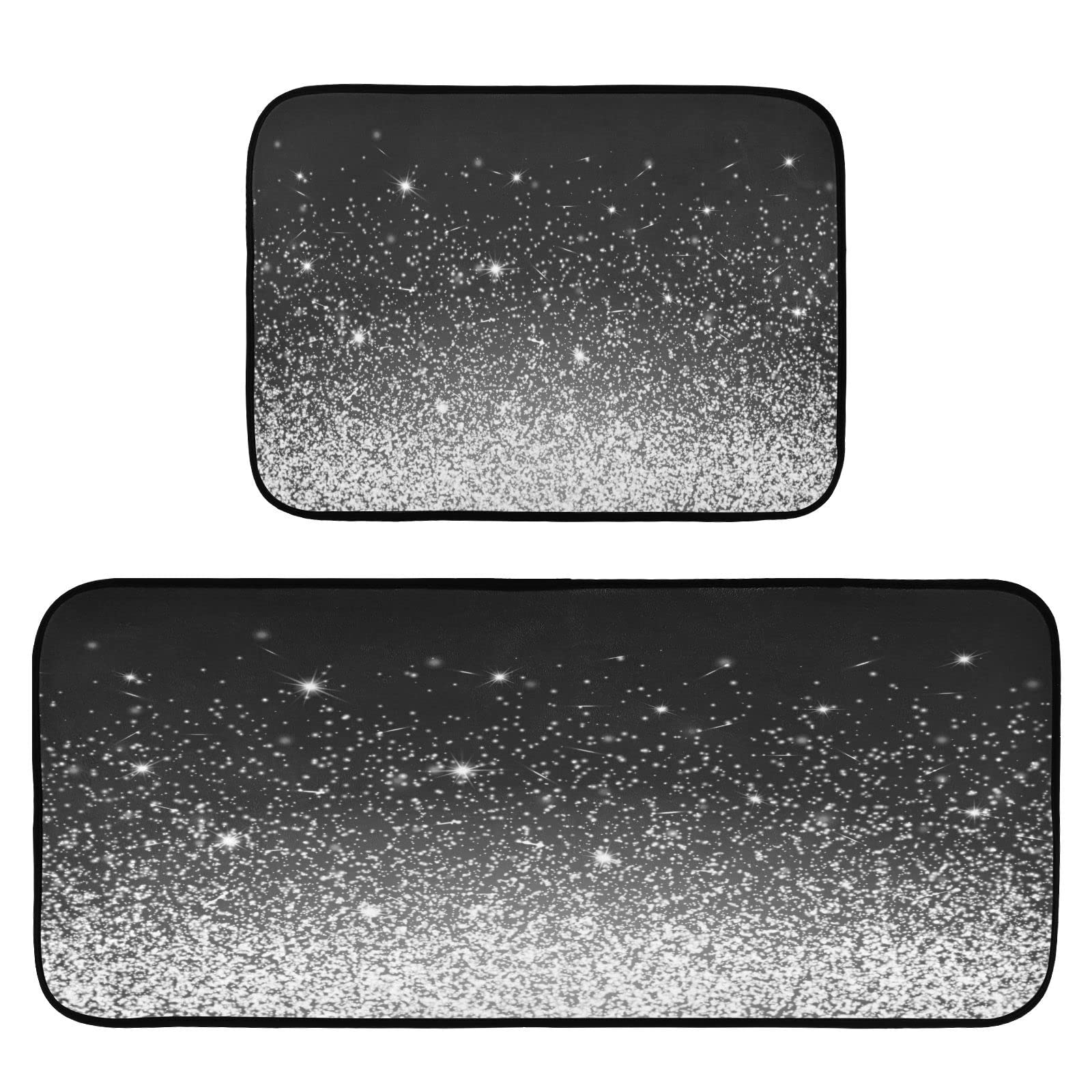Black Bling Kitchen Rug Mats Shiny Glitter Floor Rugs Washable Non-Slip Carpet Area Comfortable Standing Mat for Bedroom Living Room Door Mat Decor