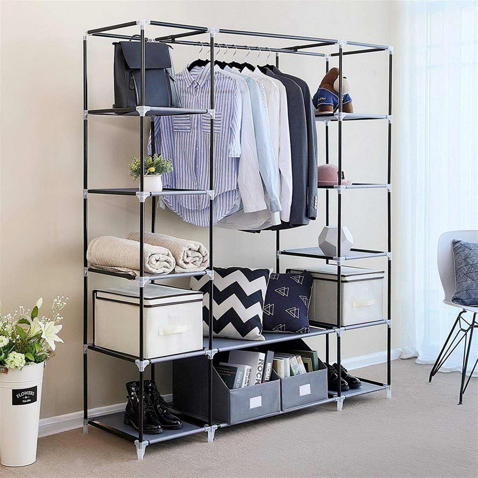 Homemain Wardrobe Storage Closet Clothes Portable Closet Large Wardrobe Closet Clothes Organizer Portable Closet Organizer Shelf Standing Closet with 9 Shelves, 1 Clothes Hanging Rails