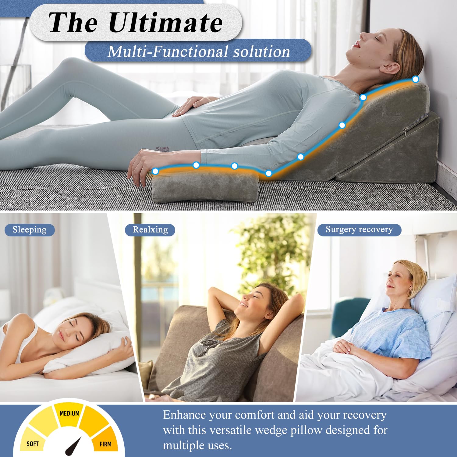 Axelrod 6PCS Orthopedic Bed Wedge Pillow Set, Post Surgery Foam for Back and Leg Pain Relief Comfortable & Adjustable Ortho Pillows- Anti Snoring, Heartburn, Acid Reflux & GERD Sleeping White Grey