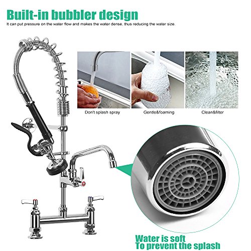 CWM Commercial Sink Faucet with Sprayer,Pre-Rinse Kitchen Brass Constructed Polished Chrome with Pull Down Sprayer 26"Height 8" Center with 8" Add-on Spout Deck Mounted