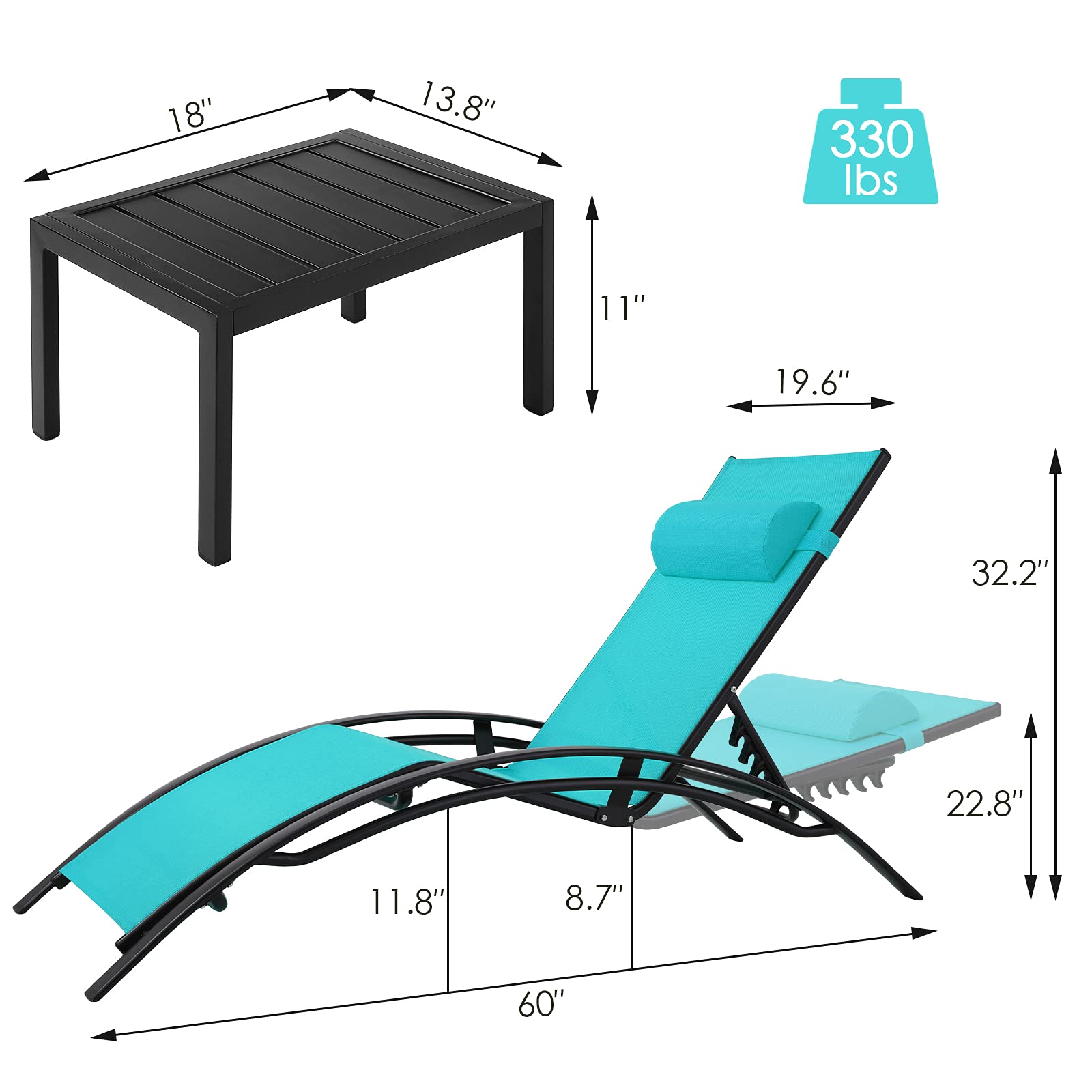 AthLike 3 pcs Poolchairs Patio Chaise Lounge Set with Headrest, 5-Level Adjustable Sunbathing Tanning Poolside Recliner Chairs with Side Table for Outdoor Beach (Blue, 2 Chairs and 1 Table)