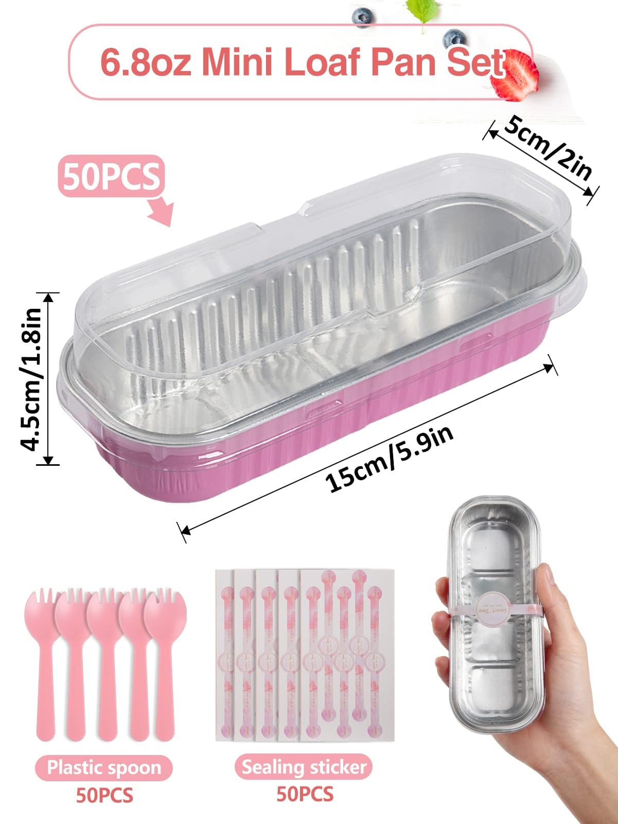 Bigmeta Mini Loaf Pans with Lids and Spoons- 50 Pack 6.8oz Aluminum Bread Cupcake Pie Foil Pans with Sealing Sticker, Rectangle Disposable Cake Tins Brownie Baking Cups for Picnics Party