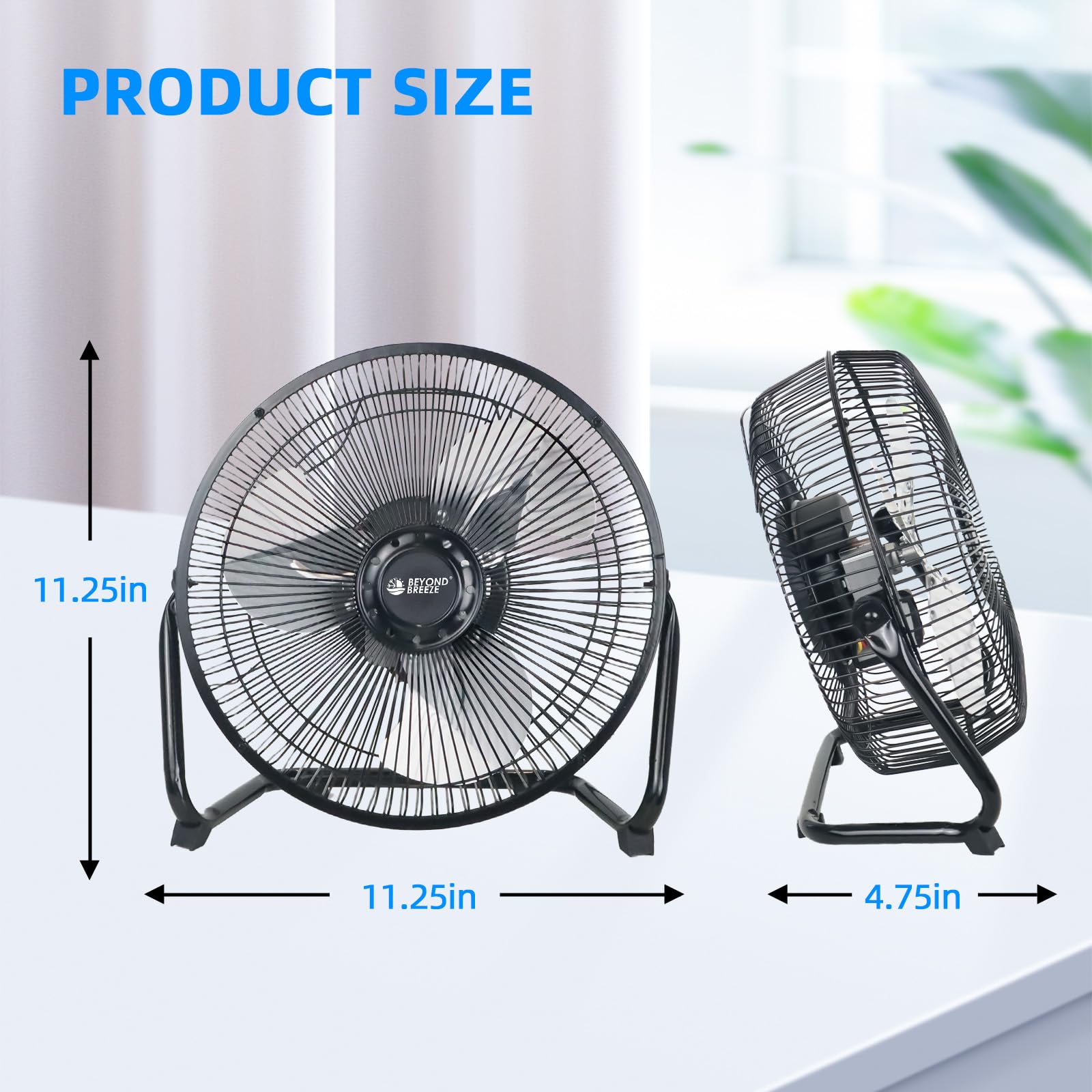 BEYOND BREEZE 9 inch Floor Fan, 3-Speed Small All Metal Cradle Floor Fans with Adjustable Tilt for Desk, Tabletop, Office
