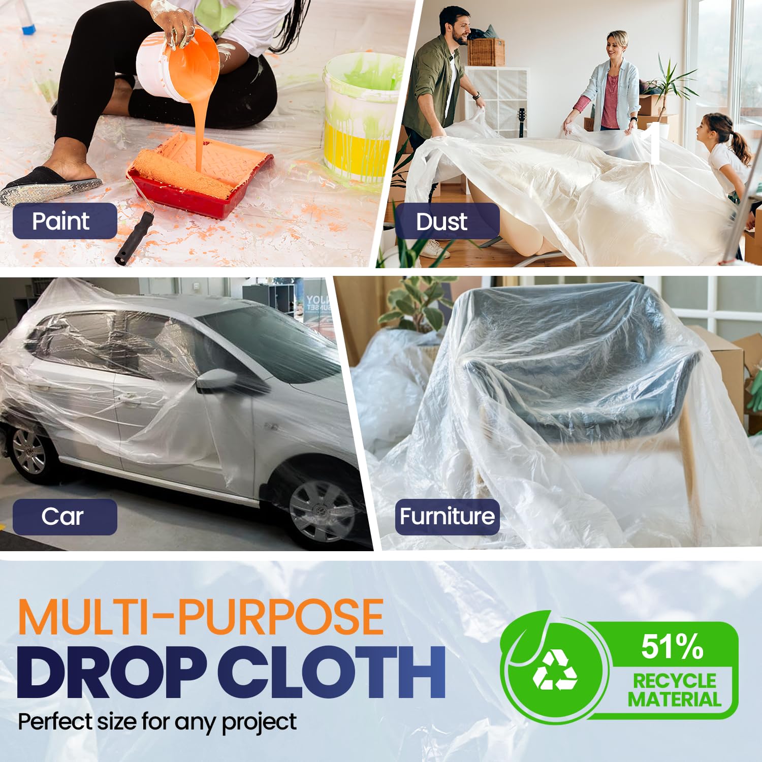 Ecotez 6 Pack 12 x 9 ft Extra Large Painter’s Plastic Drop Cloth Painting Sheet-Light & Durable Dust Cover-Clear Plastic Sheet-Plastic Sheeting-Plastic Cover-Paint Drop Cloth- Plastic Floor Protector