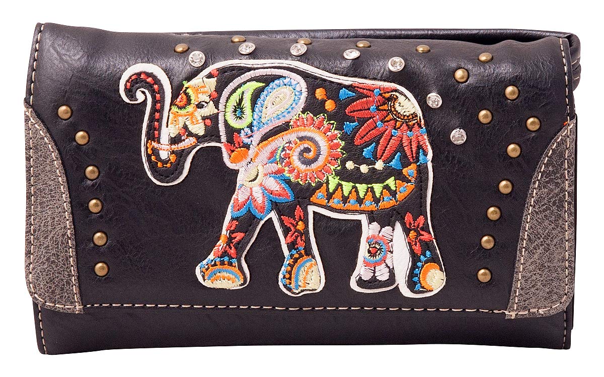 HW Collection Large Elephant Purse Women Embroidered Western Handbag and Wallet Set (Black)